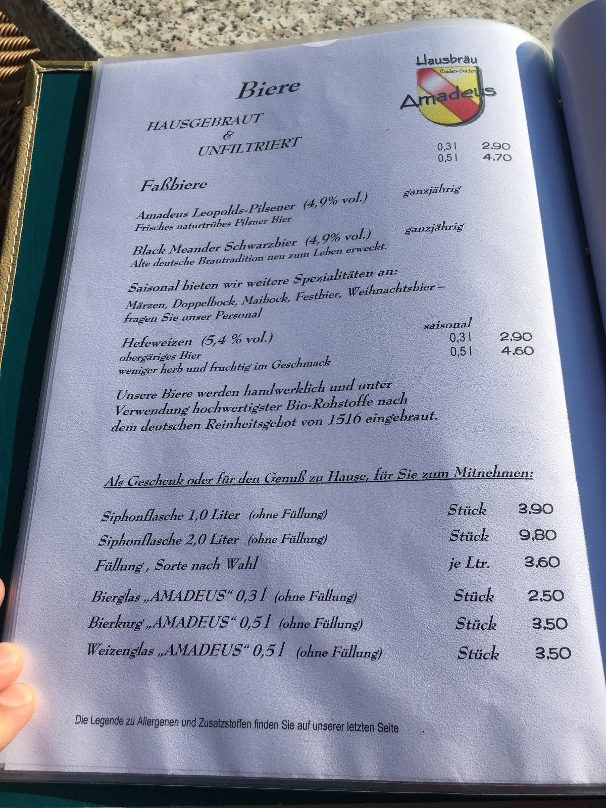 Speisekarte von Amadeus Restaurant - Hausbräu, Baden-Baden