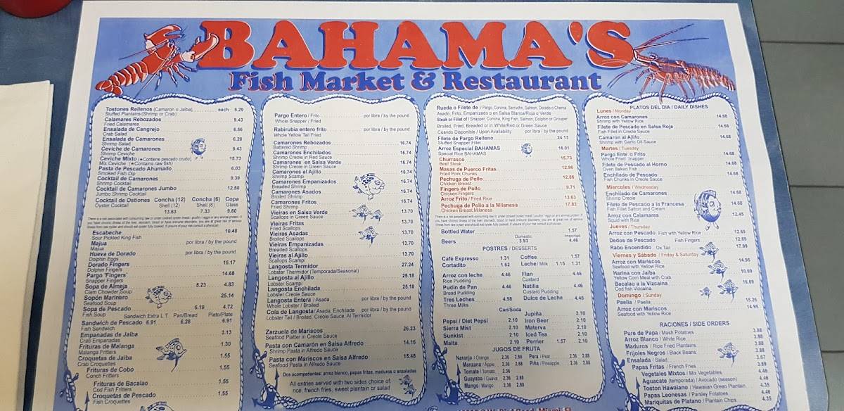 Menu at Bahamas Fish Market & Restaurant, Miami