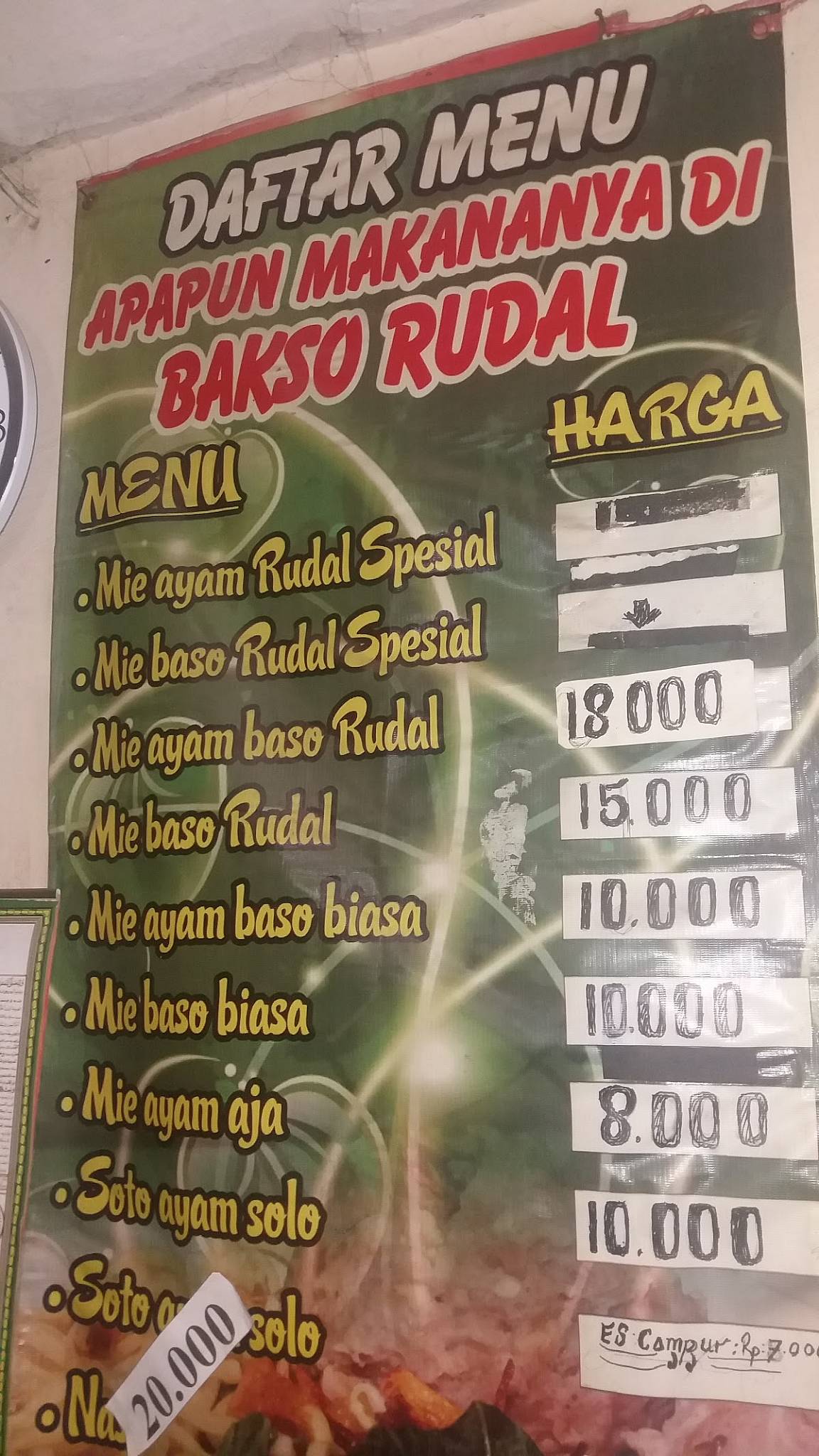 Menu at Bakso Rudal Mas Tri restaurant, Bandung