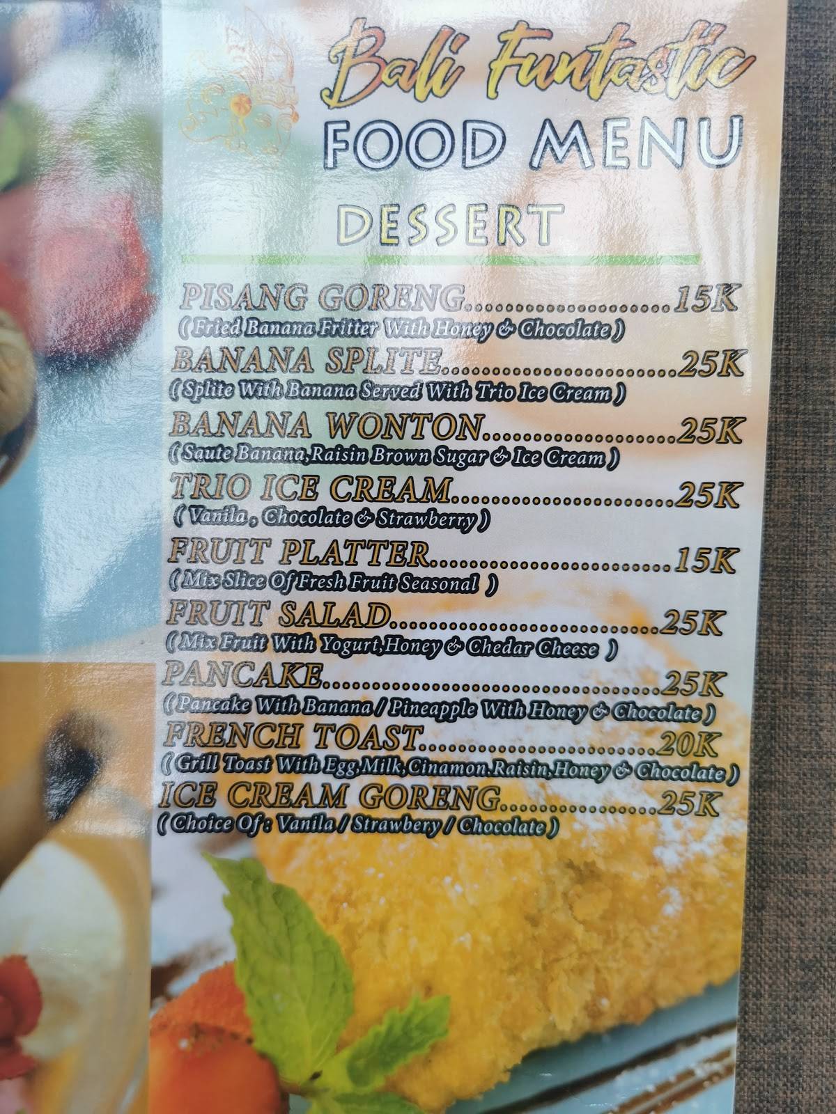 Menu at Bali Funtastic restaurant, Indonesia