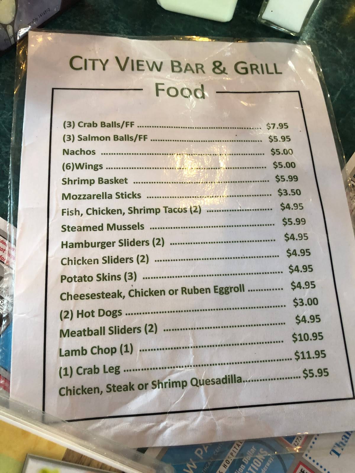 Menu at City View Bar & Grill, Baltimore