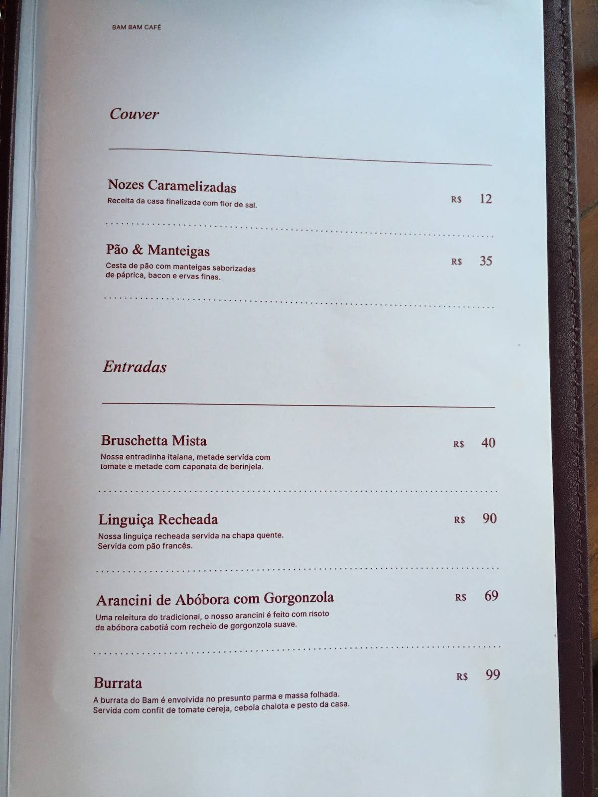Menu at Bam Bam Café, Campos do Jordão