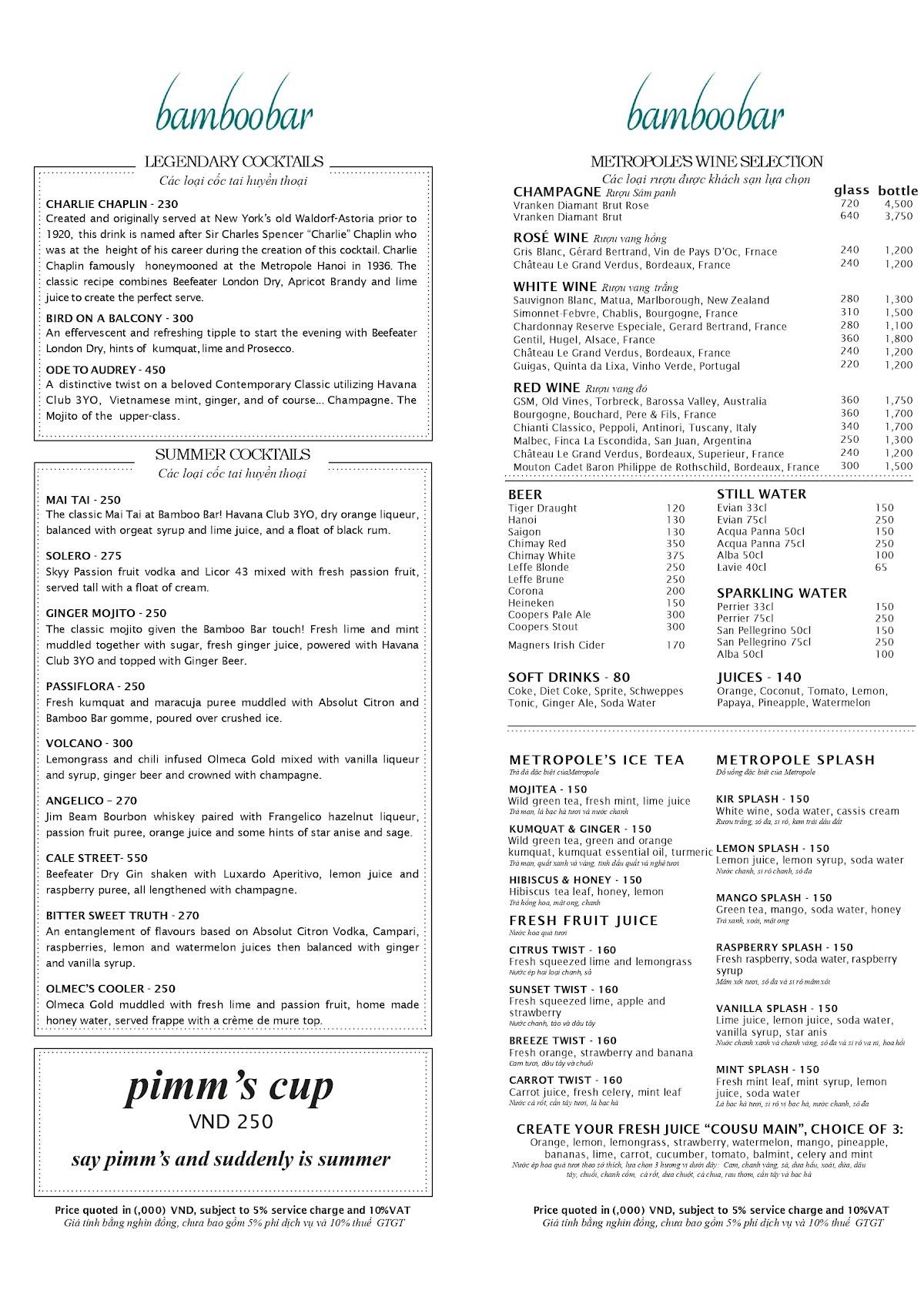 Menu at Bamboo Bar, Hanoi