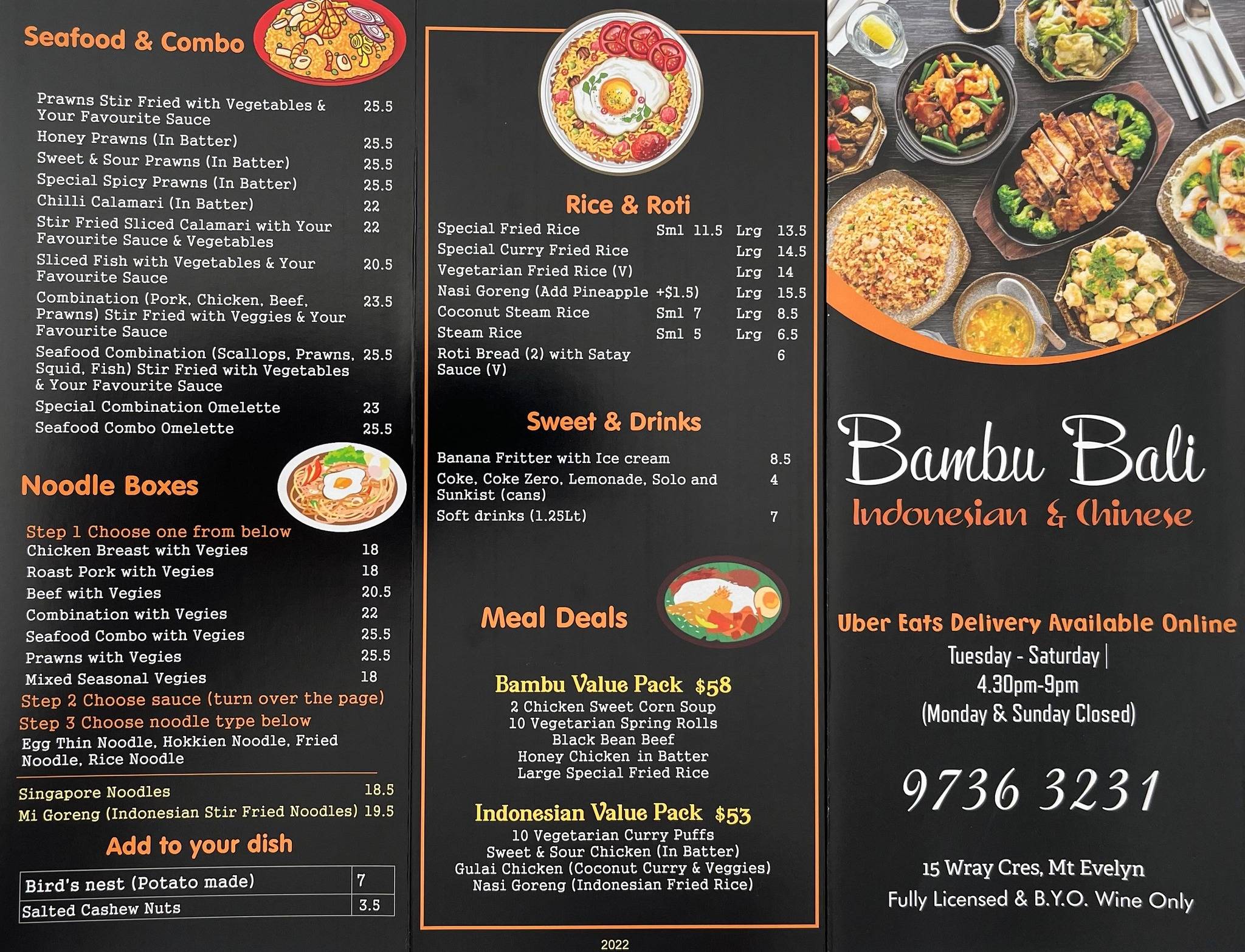 Menu at Bambu Bali restaurant, Mount Evelyn