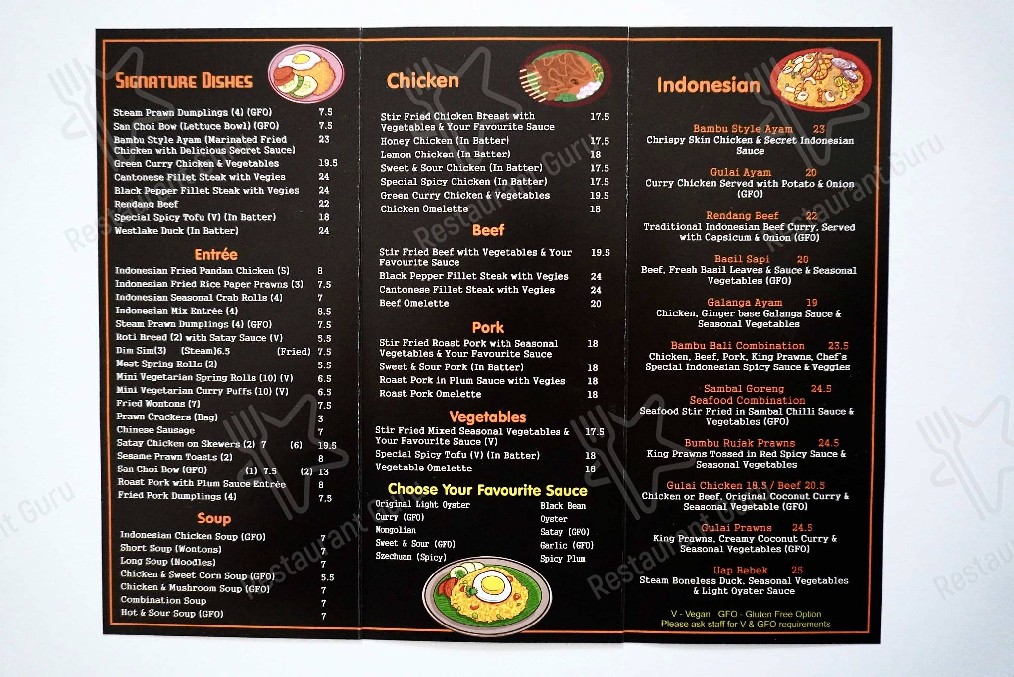 Menu at Bambu Bali restaurant, Mount Evelyn