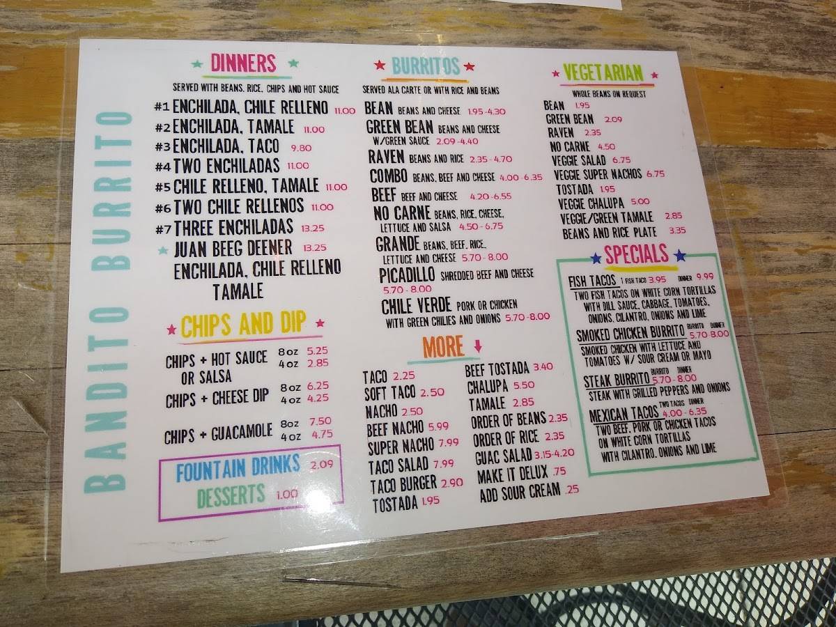 Menu at Bandito Burrito Co pub & bar, Huntsville, Governors Dr SW