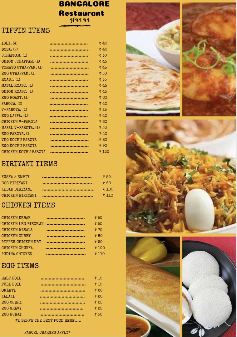Menu at Bangalore Mess, Ooty