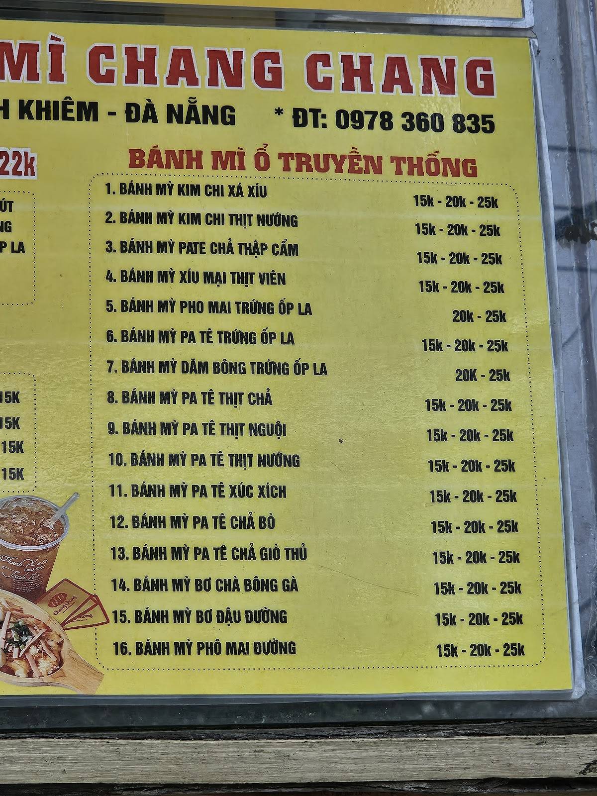 Carta del restaurante Bánh mì Chang Chang, Đà Nẵng