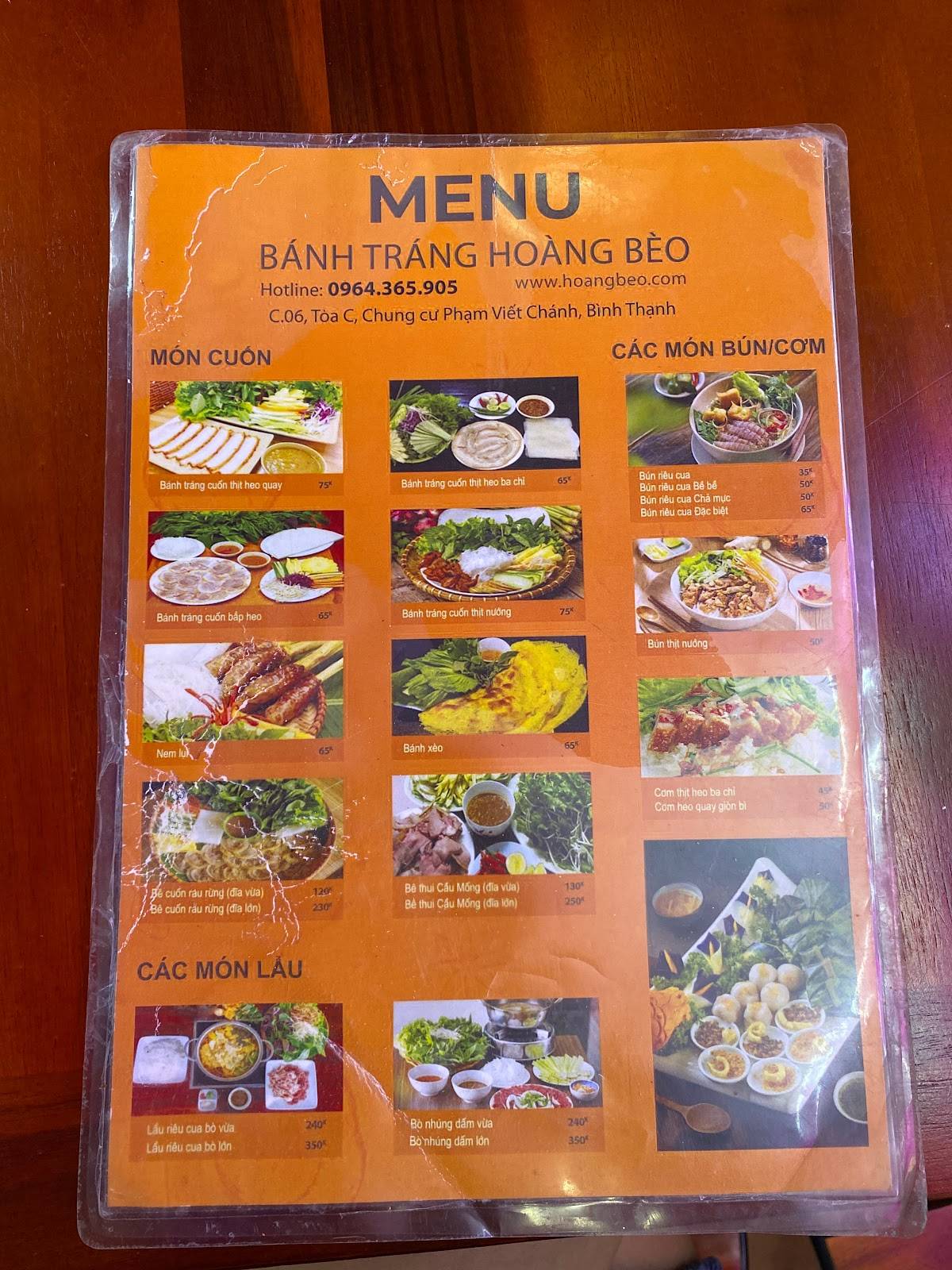 Menu at Bánh tráng Hoàng Bèo Sài Gòn restaurant, Ho Chi Minh City