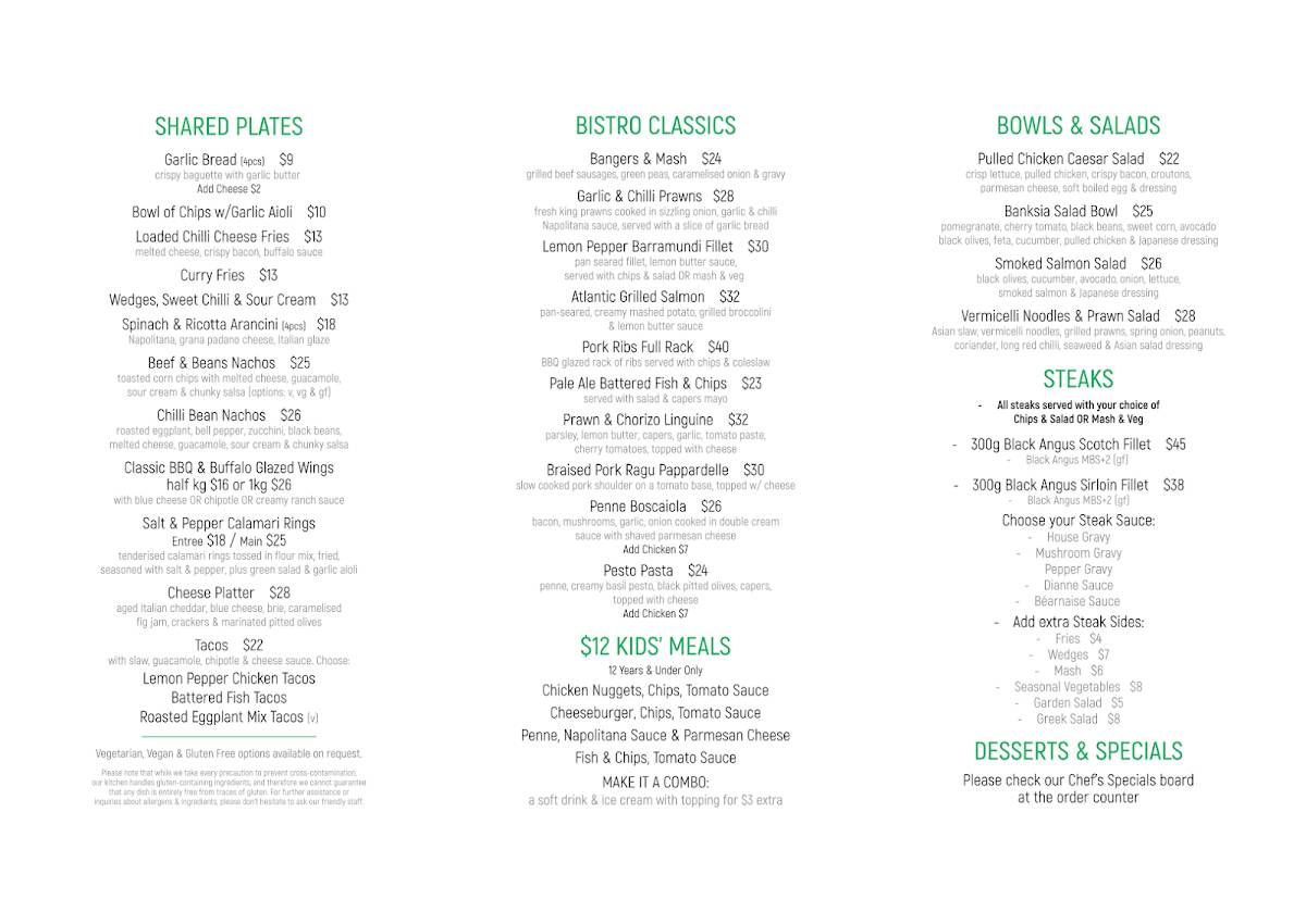 Menu at Banksia Hotel pub & bar, Banksia
