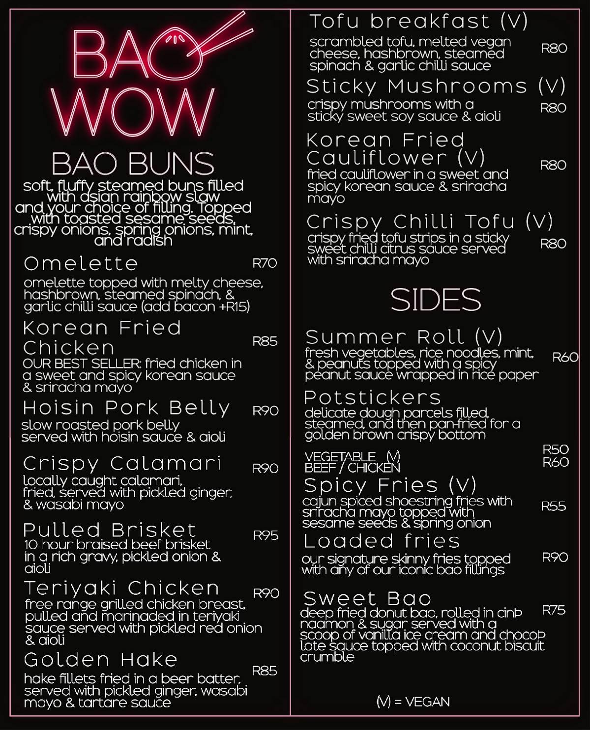 Menu at Bao Wow Knysna restaurant, Knysna