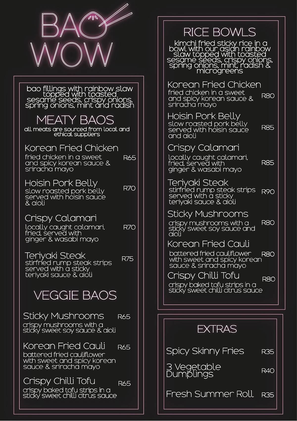Menu at Bao Wow Knysna restaurant, Knysna