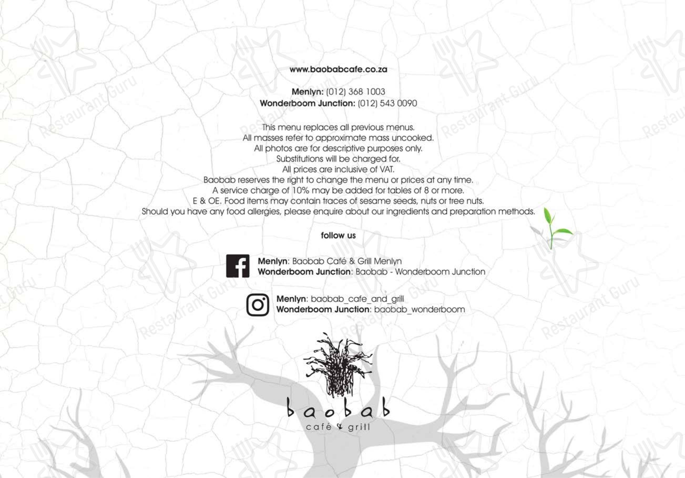 Menu at Baobab Cafe & Grill, Pretoria, Menlyn Shopping Centre