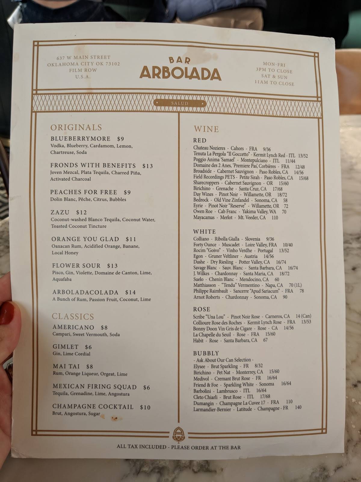 Menu at Bar Arbolada, Oklahoma City