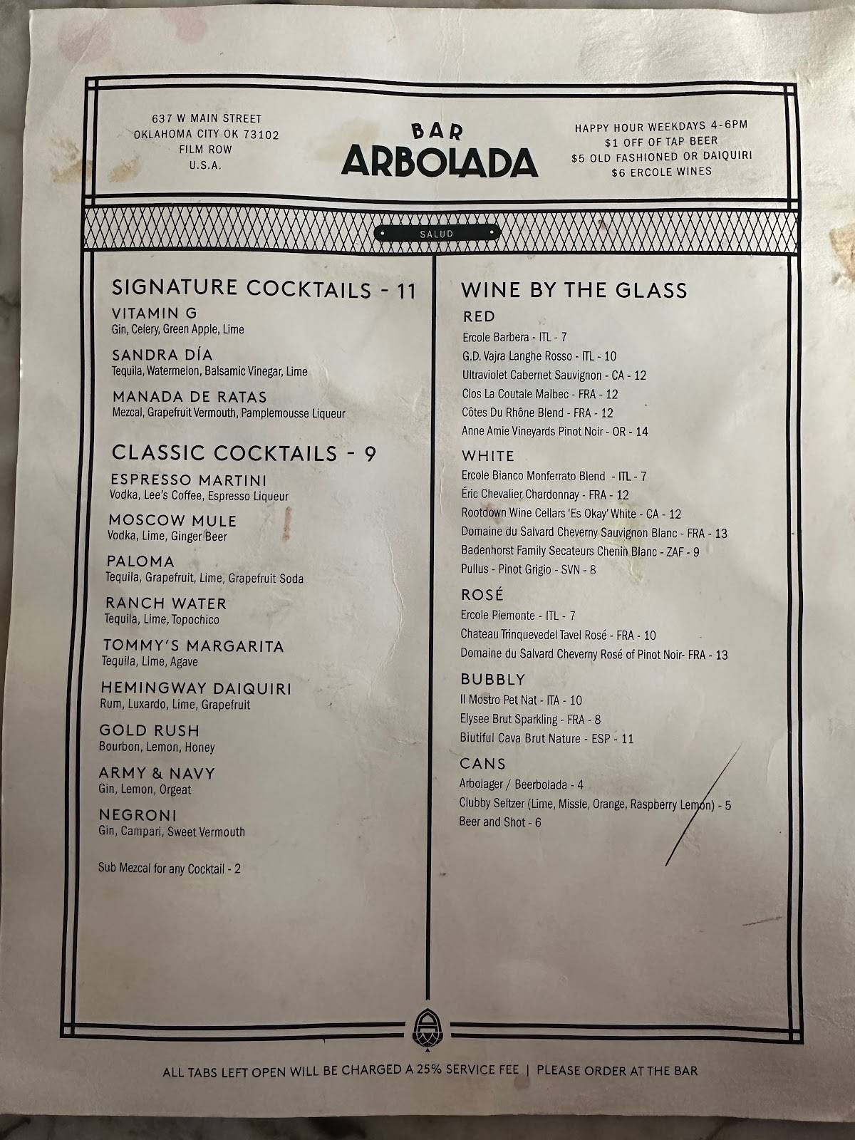 Menu at Bar Arbolada, Oklahoma City
