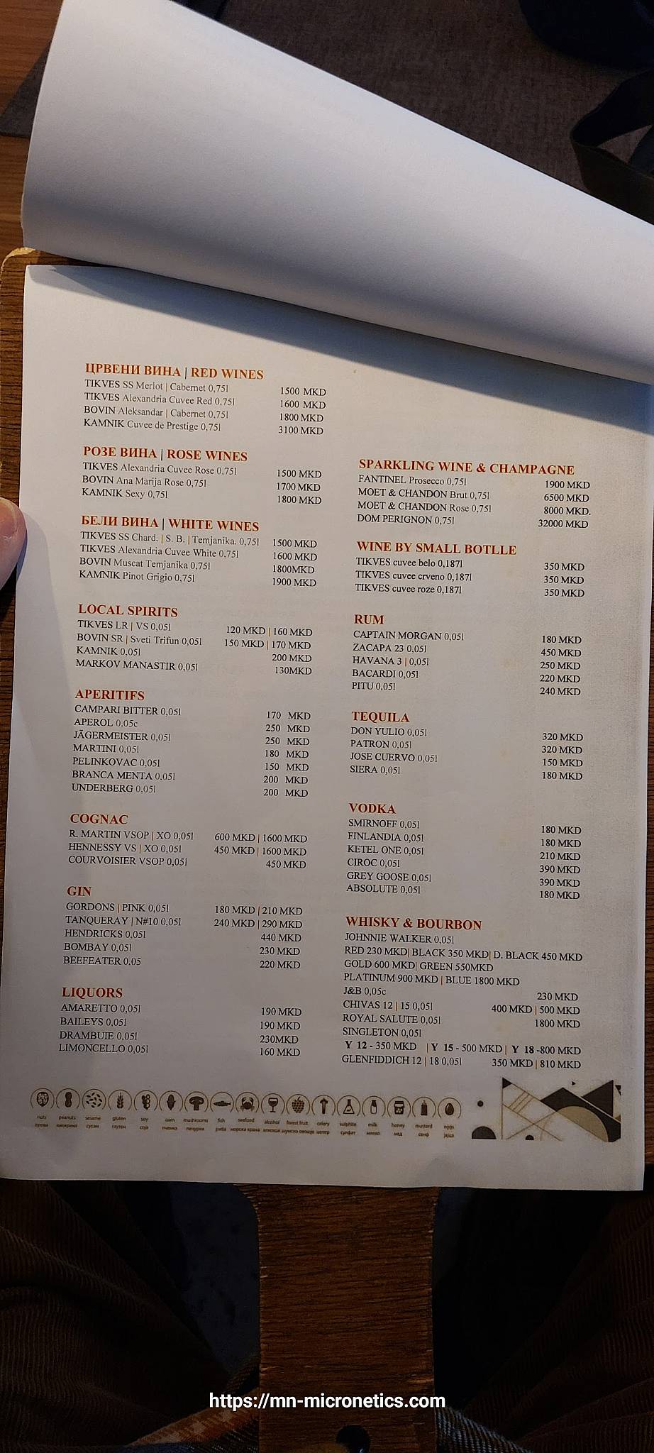 Menu at Bar Brick, Skopje