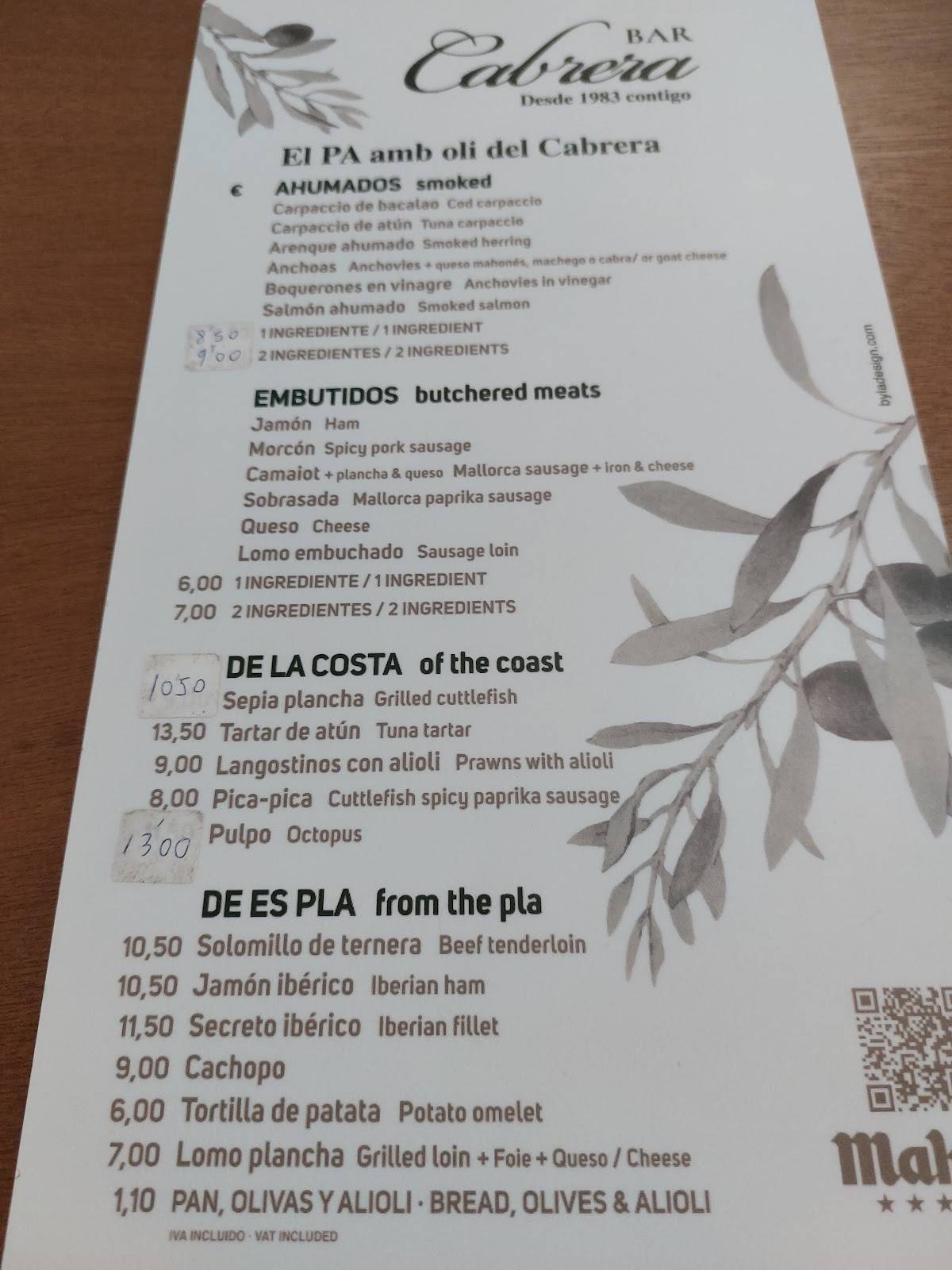 Carta de Bar Cabrera, Palma de Mallorca