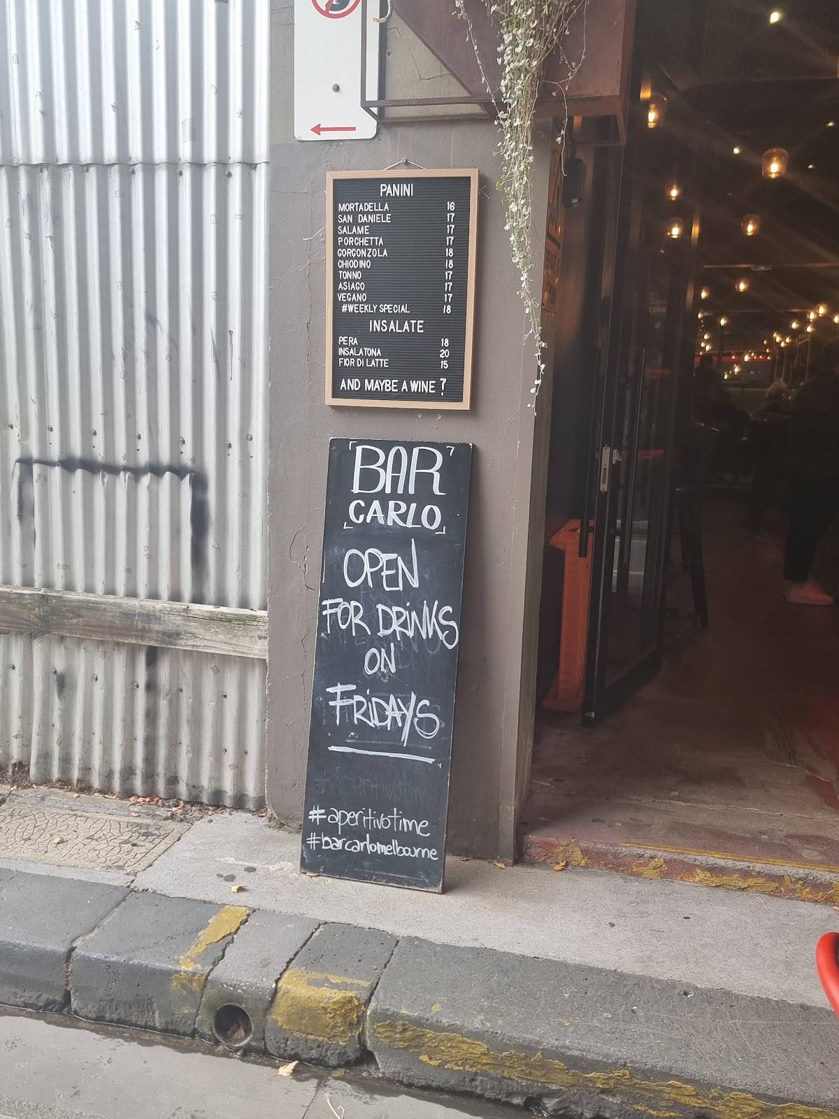 Menu at Bar Carlo, Melbourne