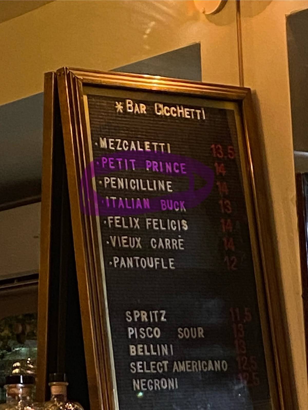 Menu au Bar Cicchetti, Montréal