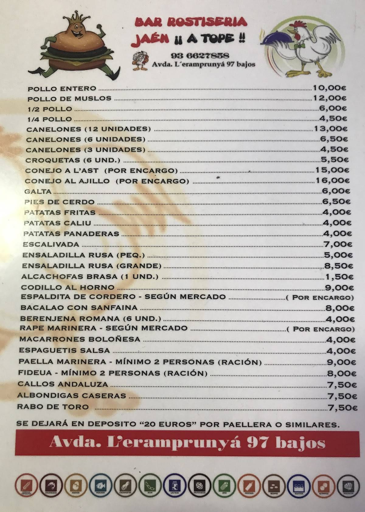 Carta de Bar Jaén, Gavà
