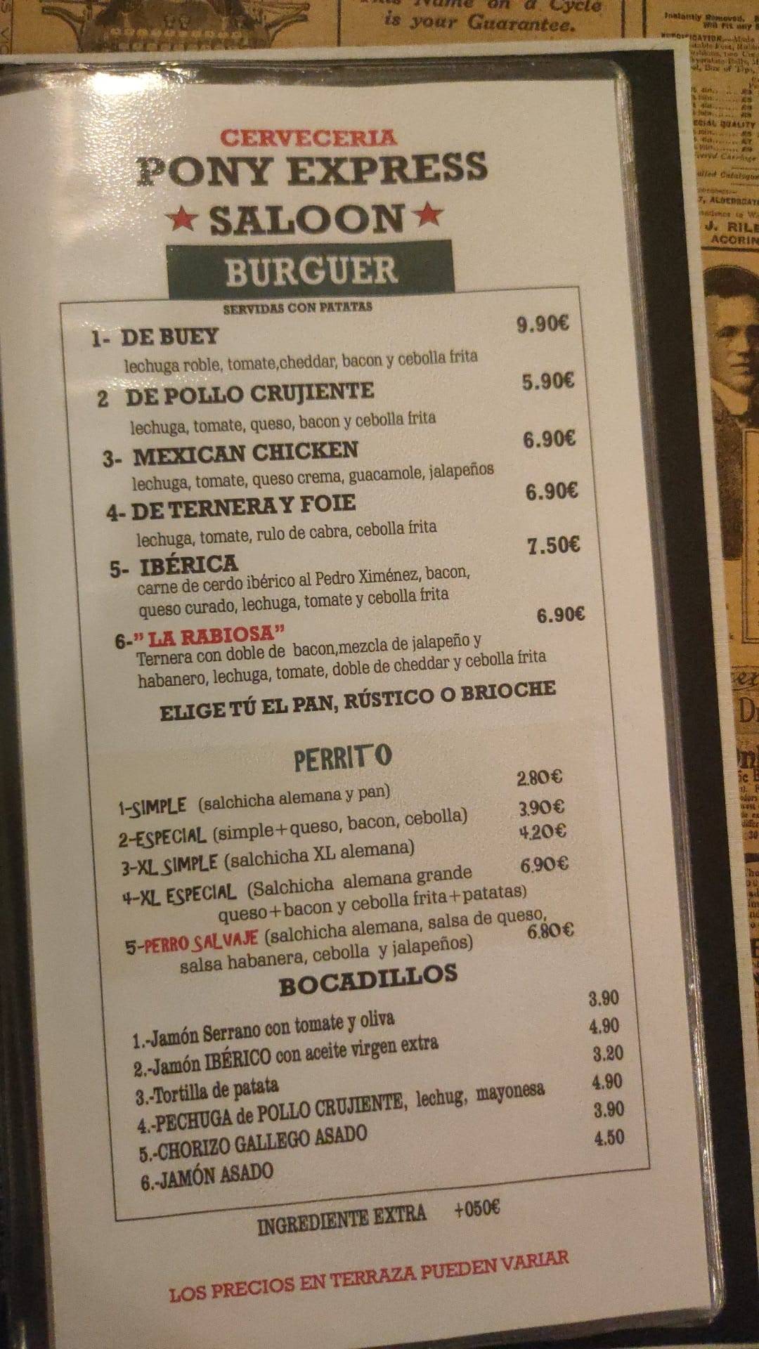 Menu at Bar Pony Express, Tui