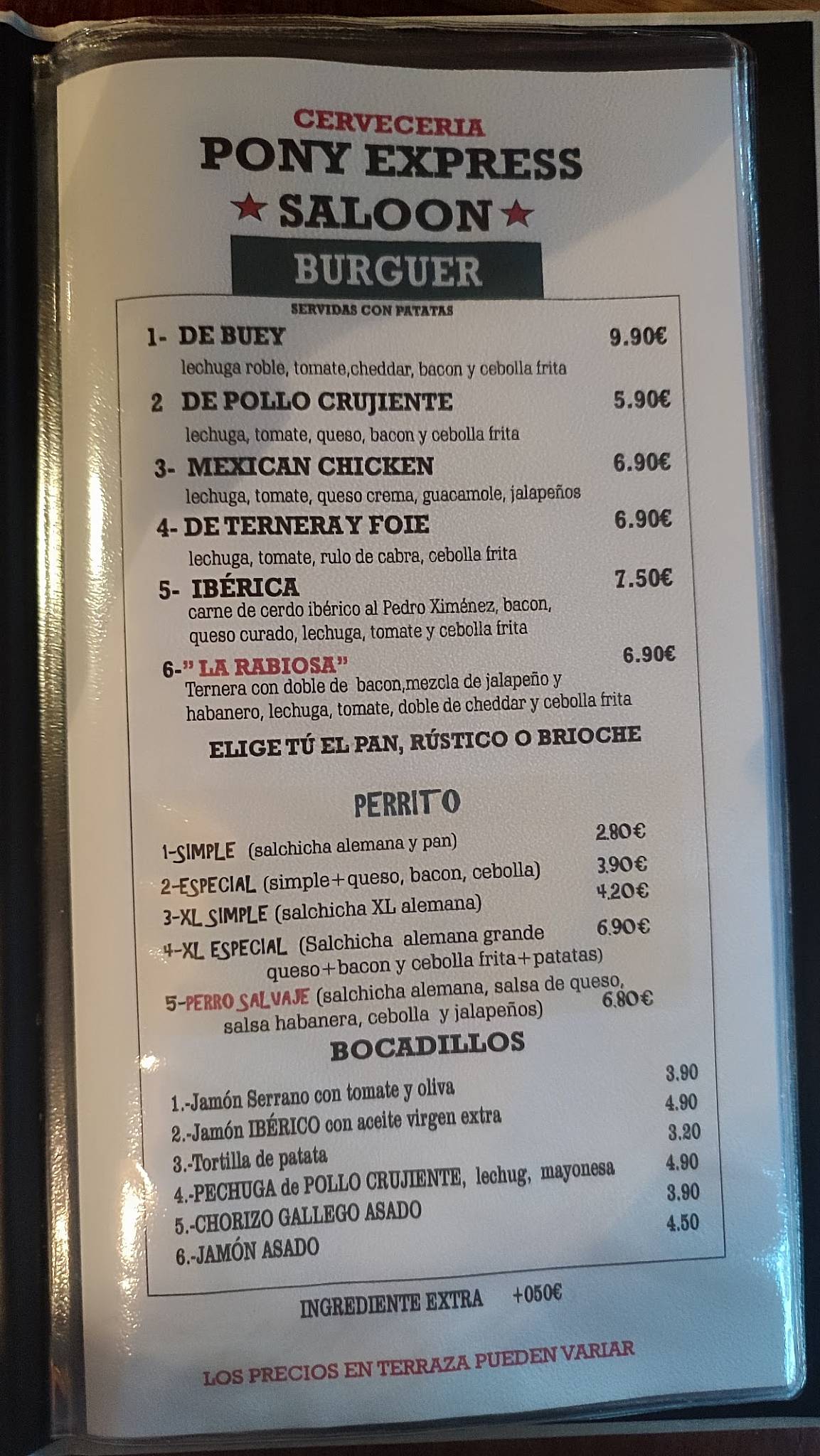 Menu at Bar Pony Express, Tui