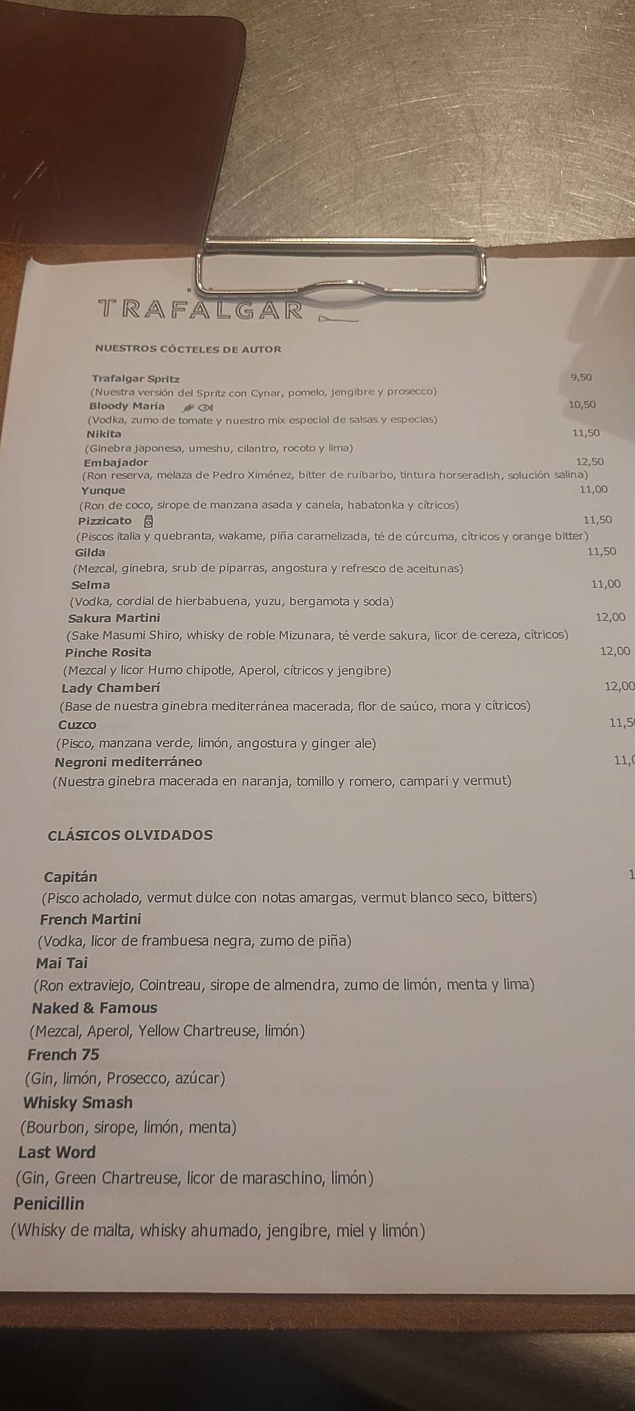 Carta de Bar Trafalgar, Madrid