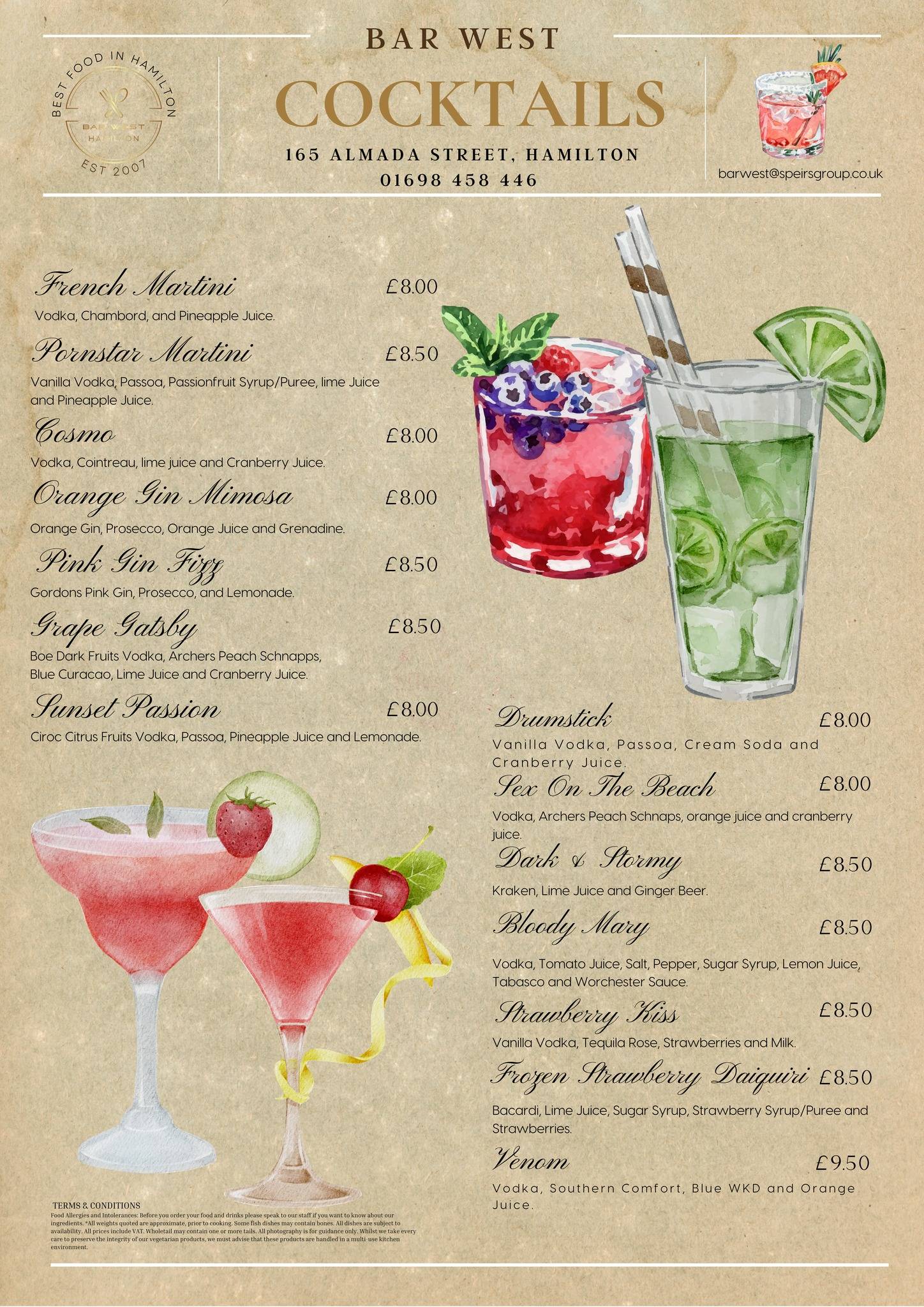 Menu at Bar West, Hamilton