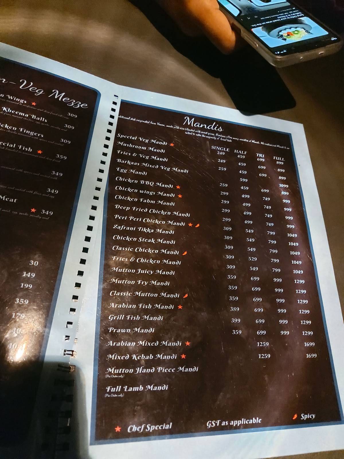 Menu at Barkaas Arabic Restaurant, Vijayawada, Donepudi Dharmarao Road