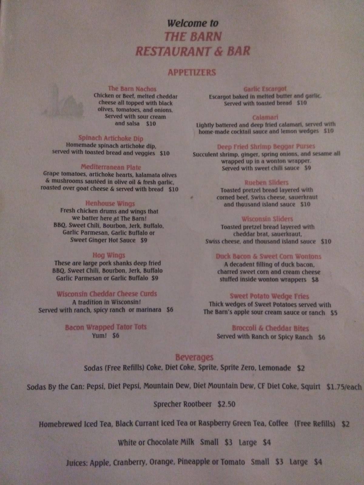 Menu at Barn Restaurant & Bar, Baraboo