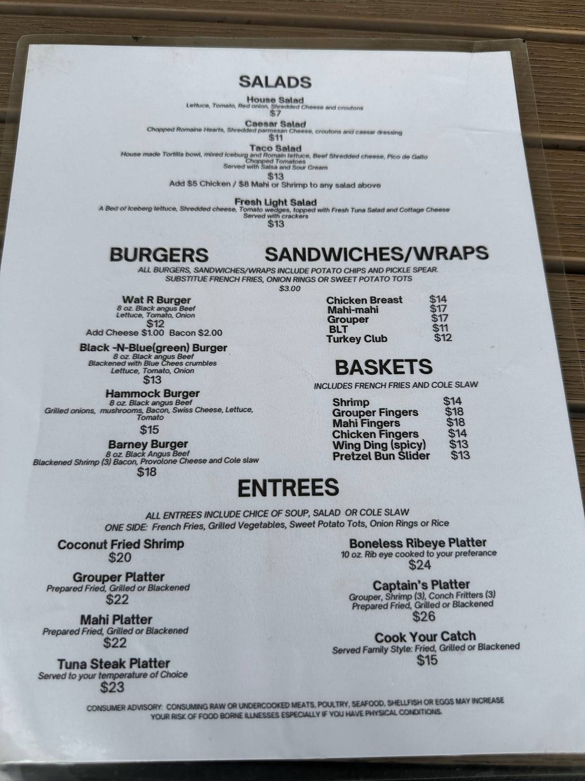 Menu at Barnacle Barney's Tiki Bar and Grill, Marathon