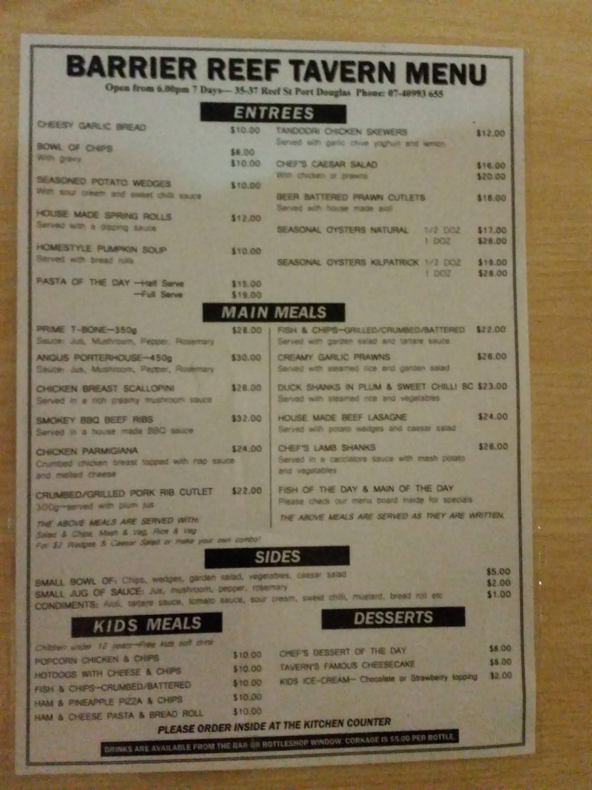 Menu at Barrier Reef Tavern, Port Douglas