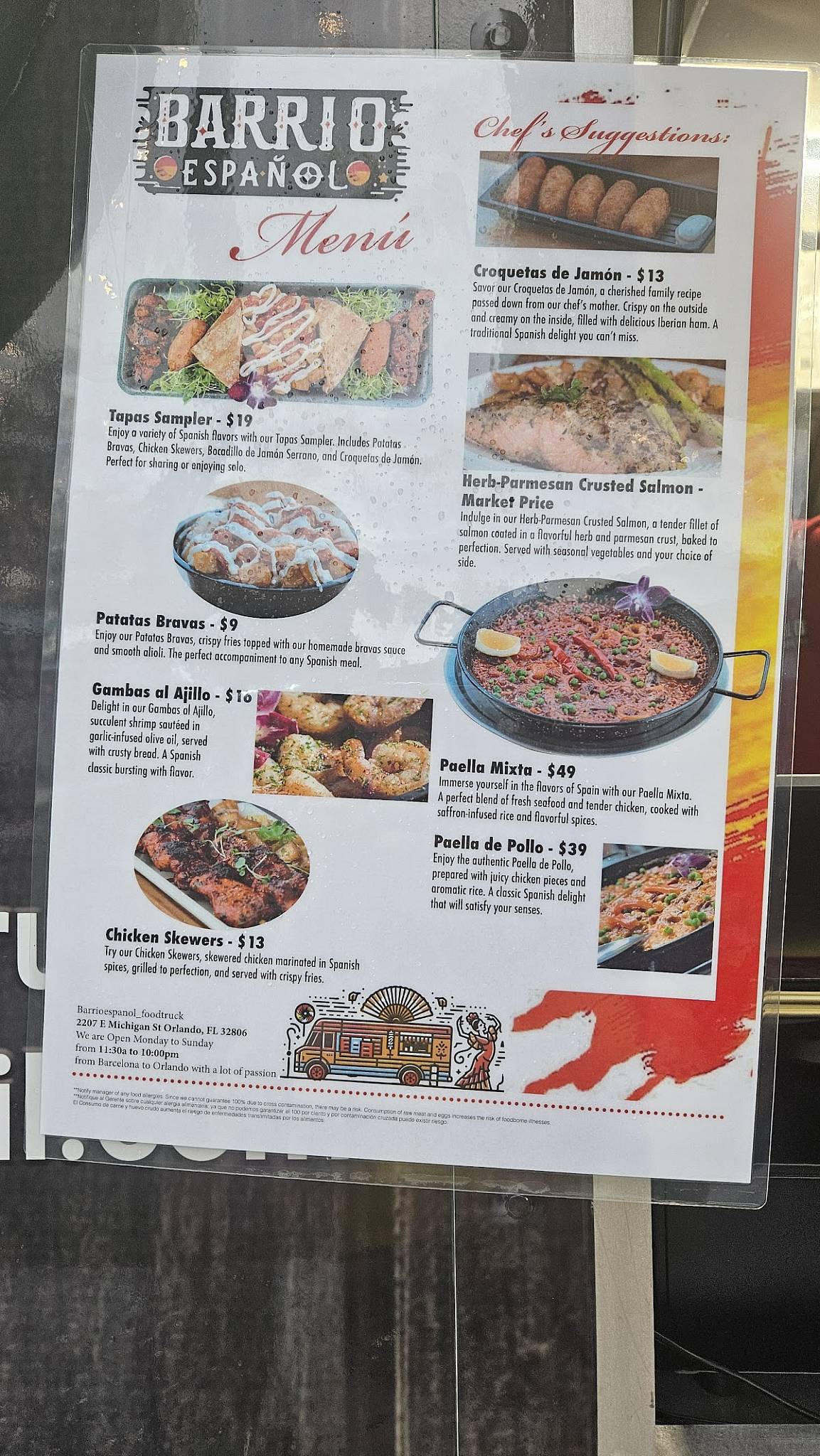 Menu at Barrio Español, Orlando