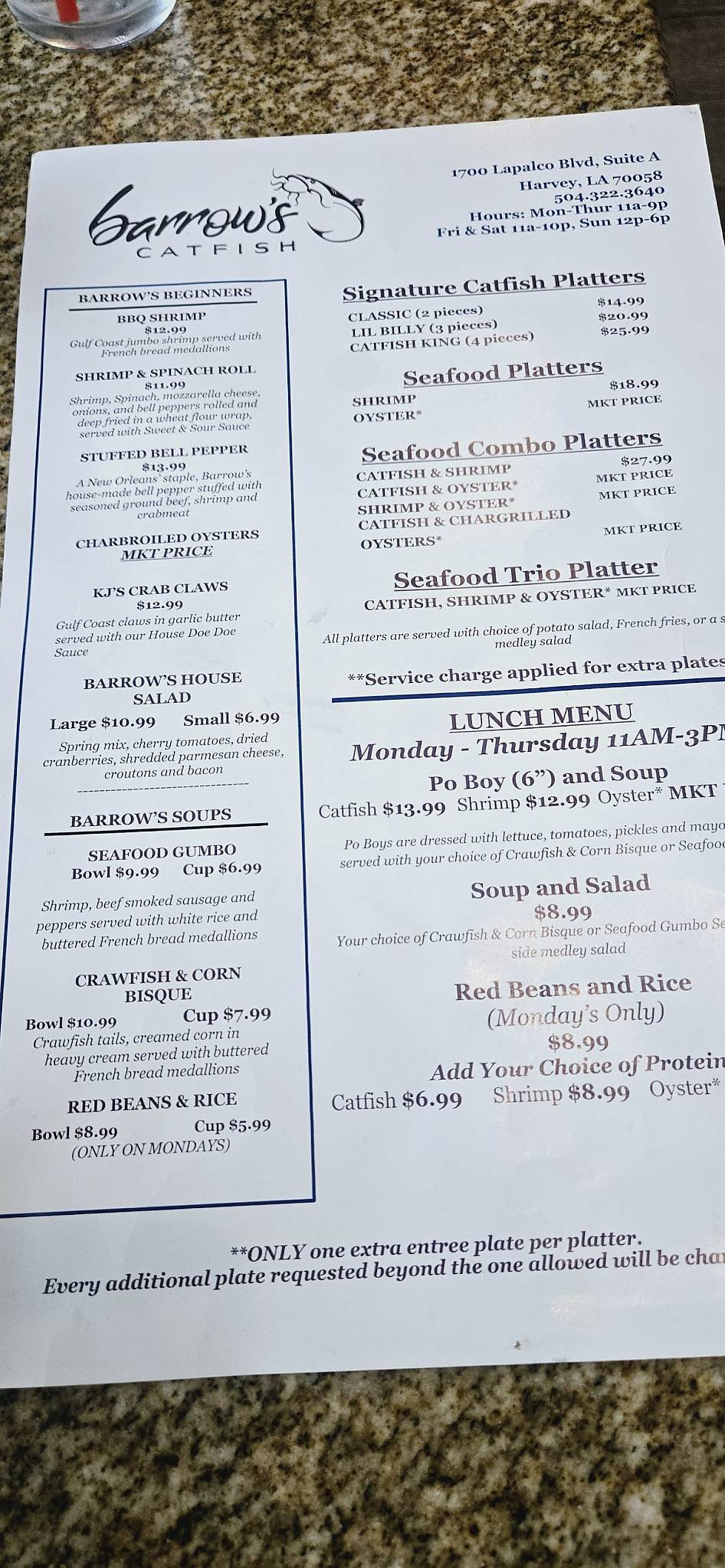 Menu at Barrow’s Catfish - Harvey, Harvey