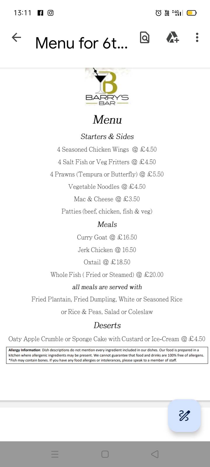 Menu at Barry's Bar, London