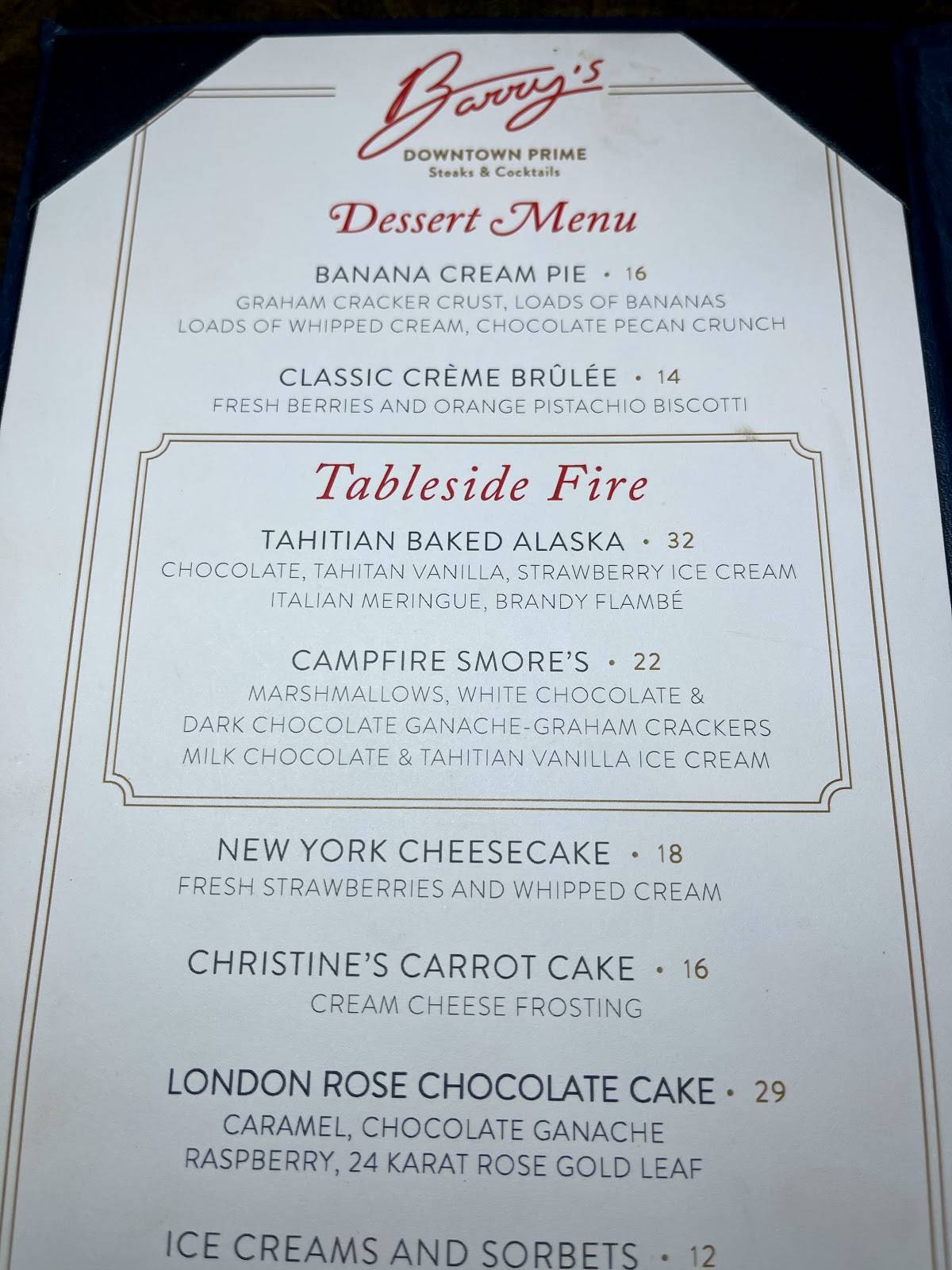 Menu at Barry's Downtown Prime, Las Vegas
