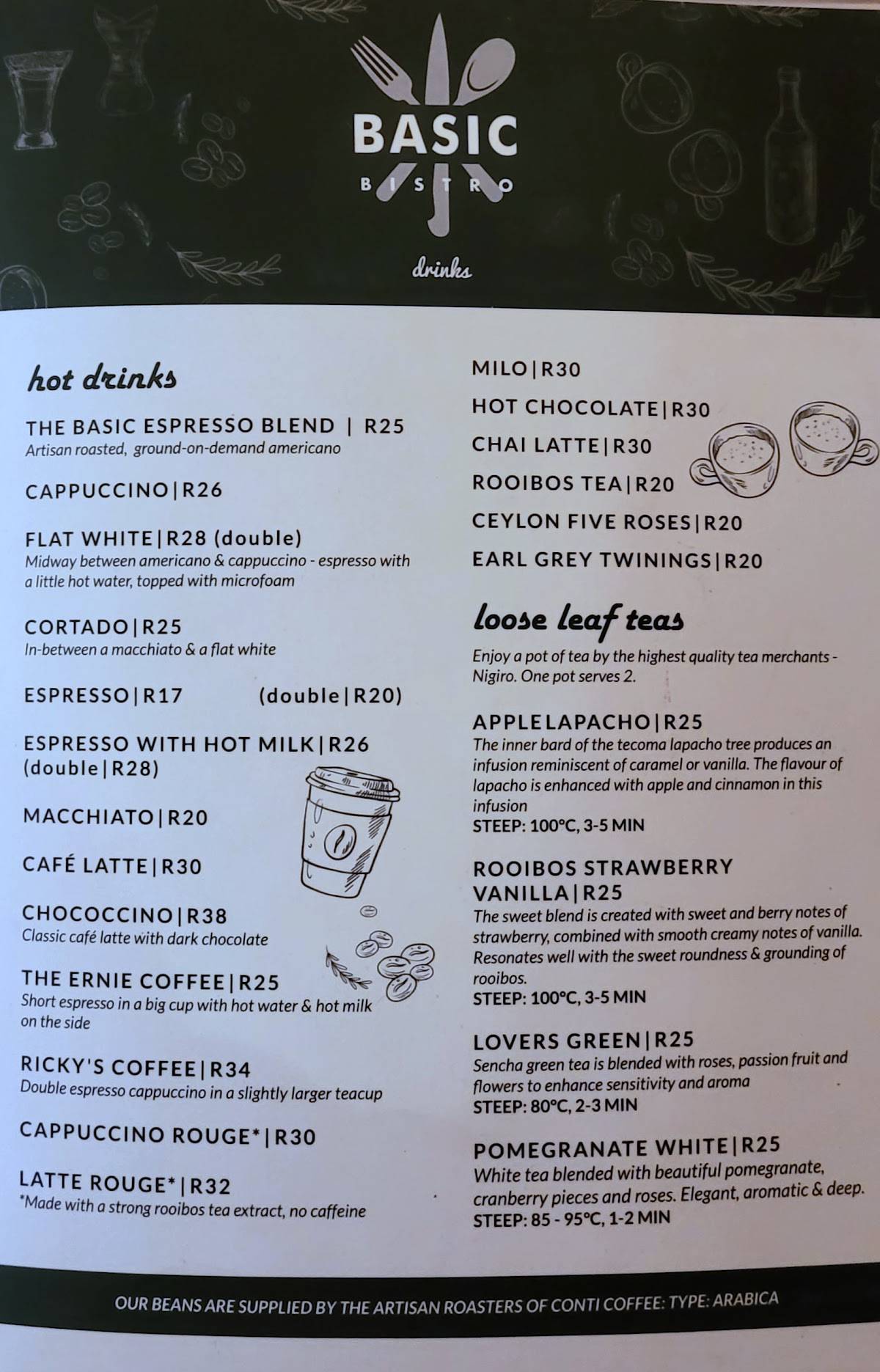 Menu at Basic Bistro restaurant, Stellenbosch