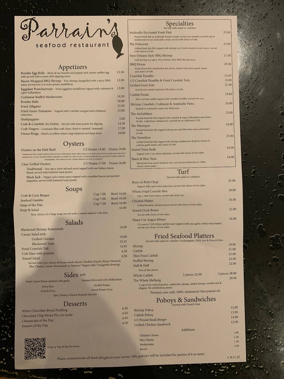 Menu at Parrain's Seafood Restaurant, Baton Rouge
