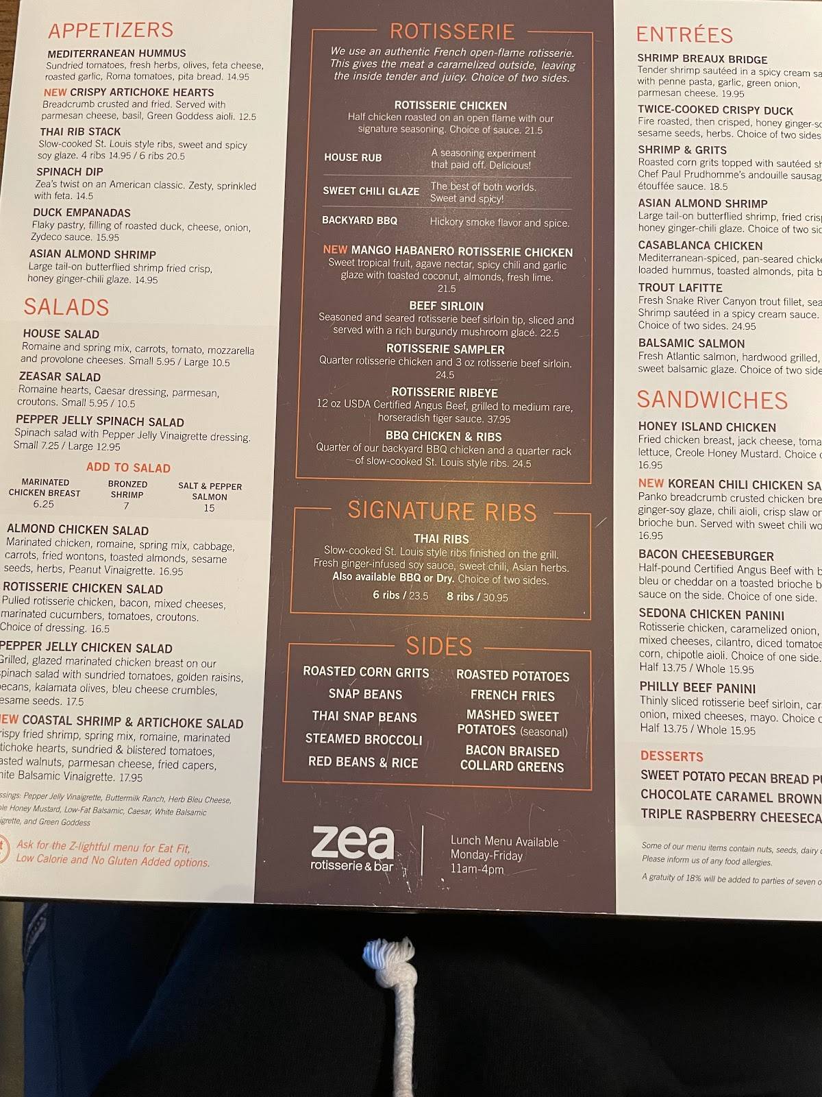 Menu at Zea Rotisserie & Bar, Baton Rouge, Corporate Blvd Suite 920