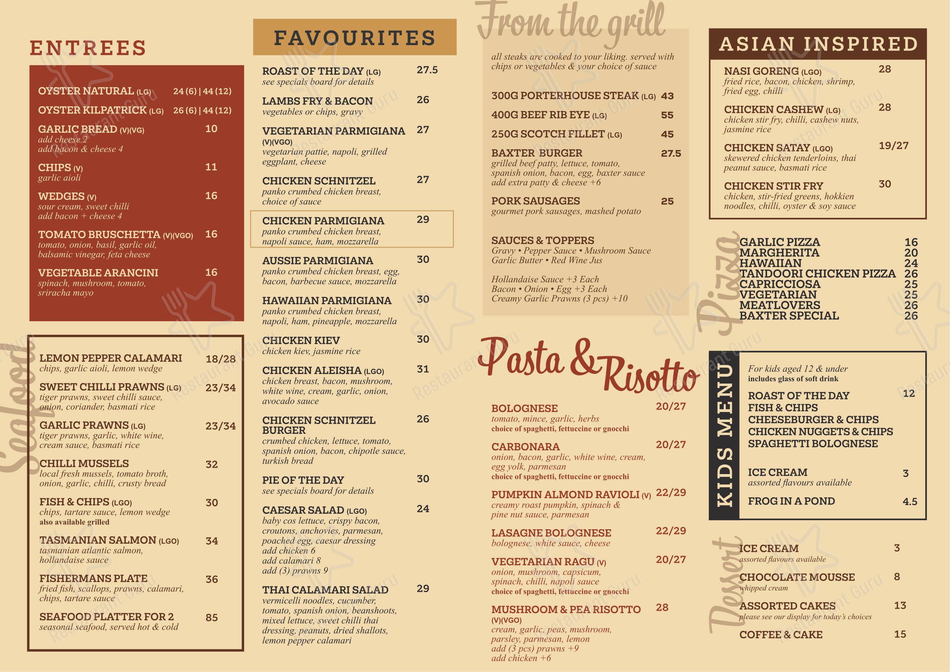Menu at Baxter tavern pub & bar, Baxter