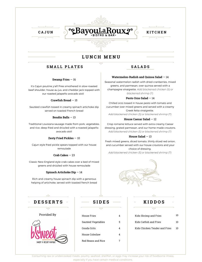 Menu at Bayou la Roux restaurant, Troy, 72 N Ct Square