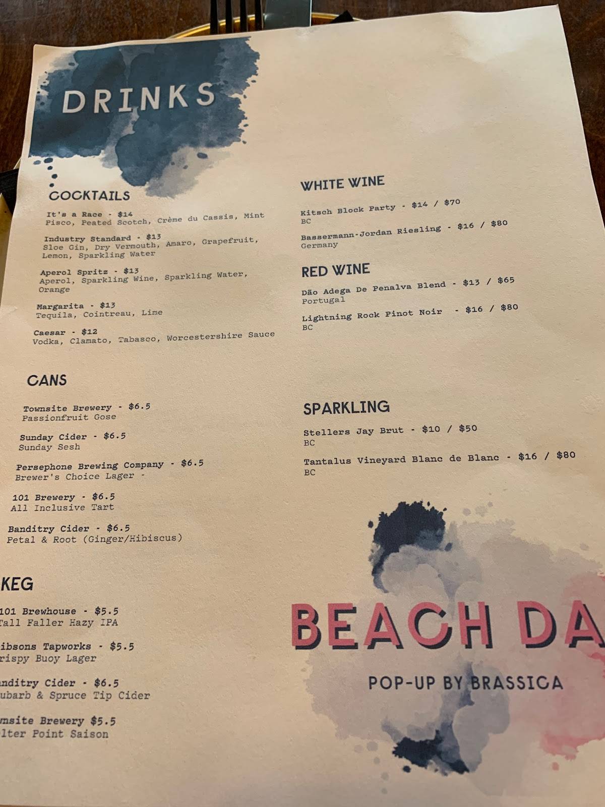 Menu at Beach Day Pop-up by Brassica restaurant, Sechelt