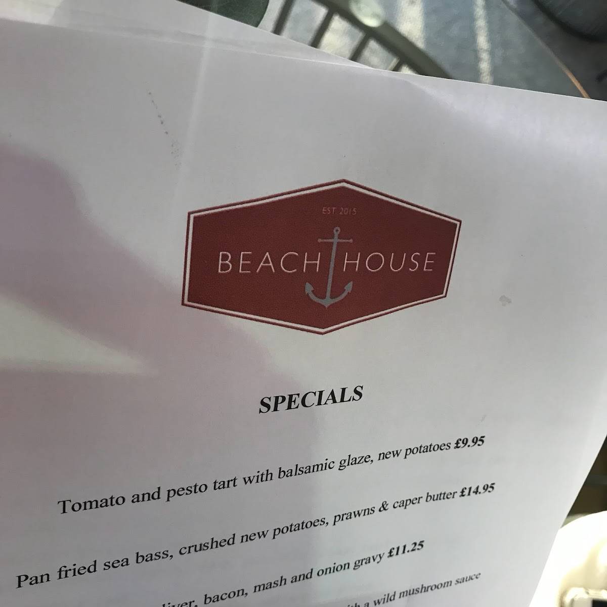 Carta del restaurante Beach House, Maldon