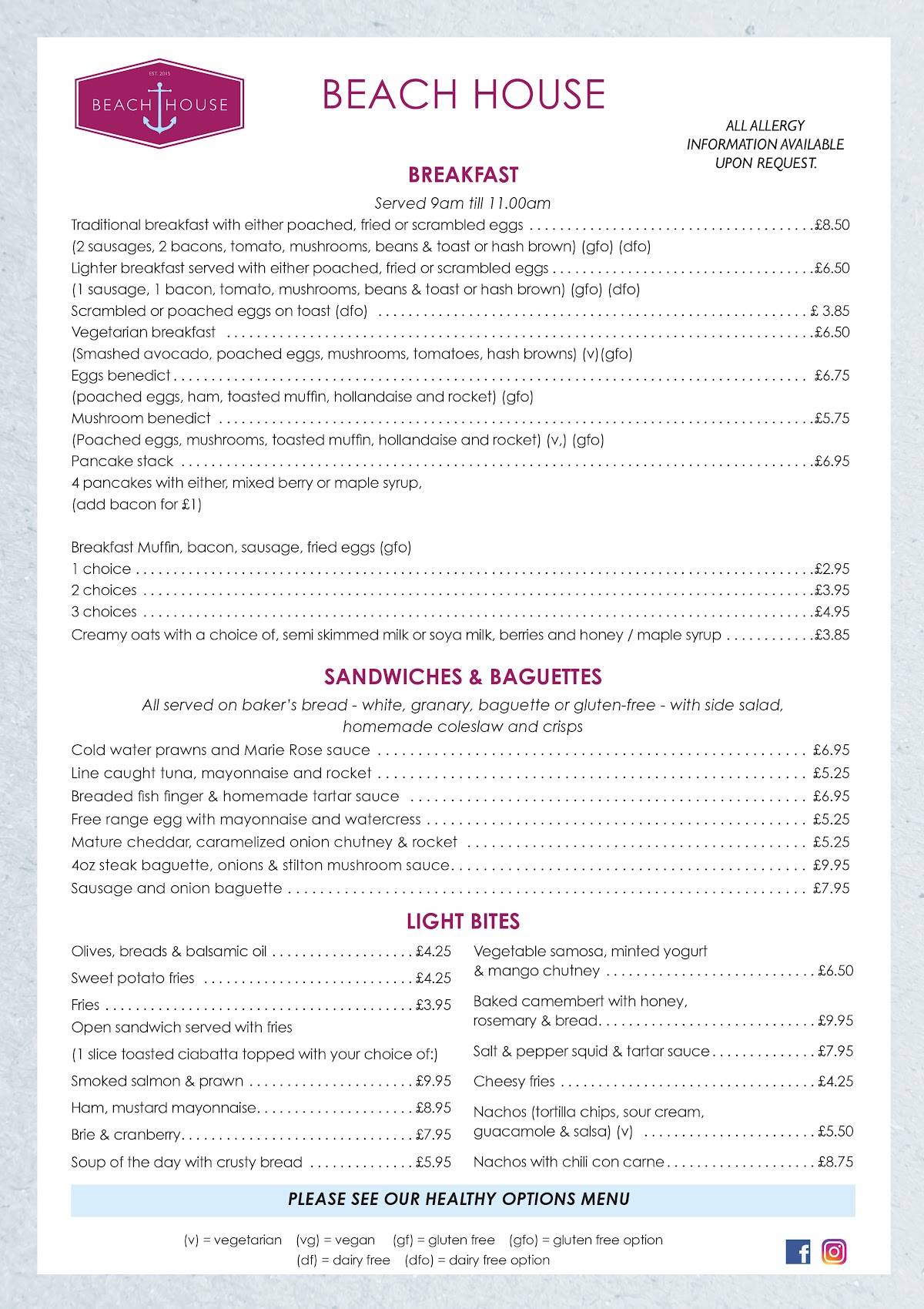 Menu at Beach House restaurant, Maldon