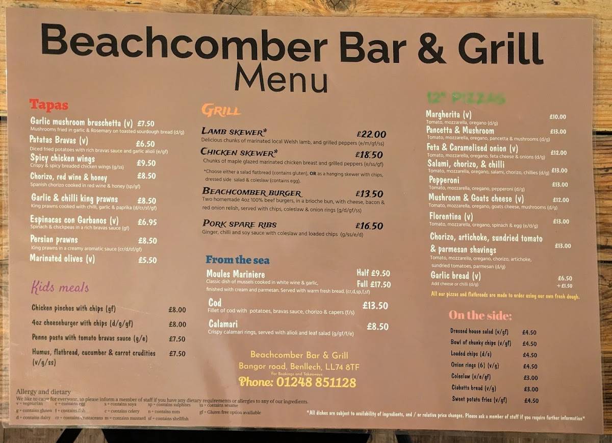 Menu at Beachcomber Bar & Grill, Benllech