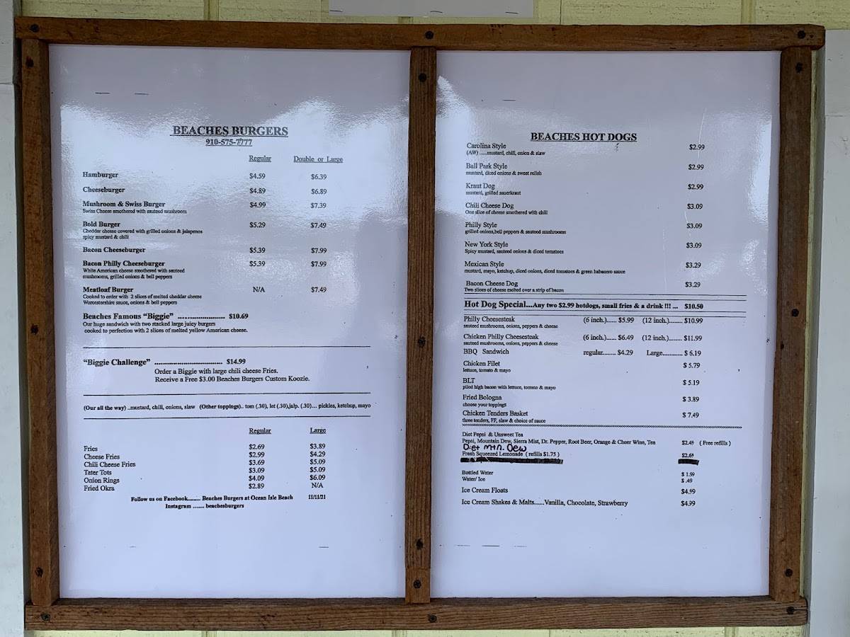 Menu at Beaches Burgers restaurant, Ocean Isle Beach