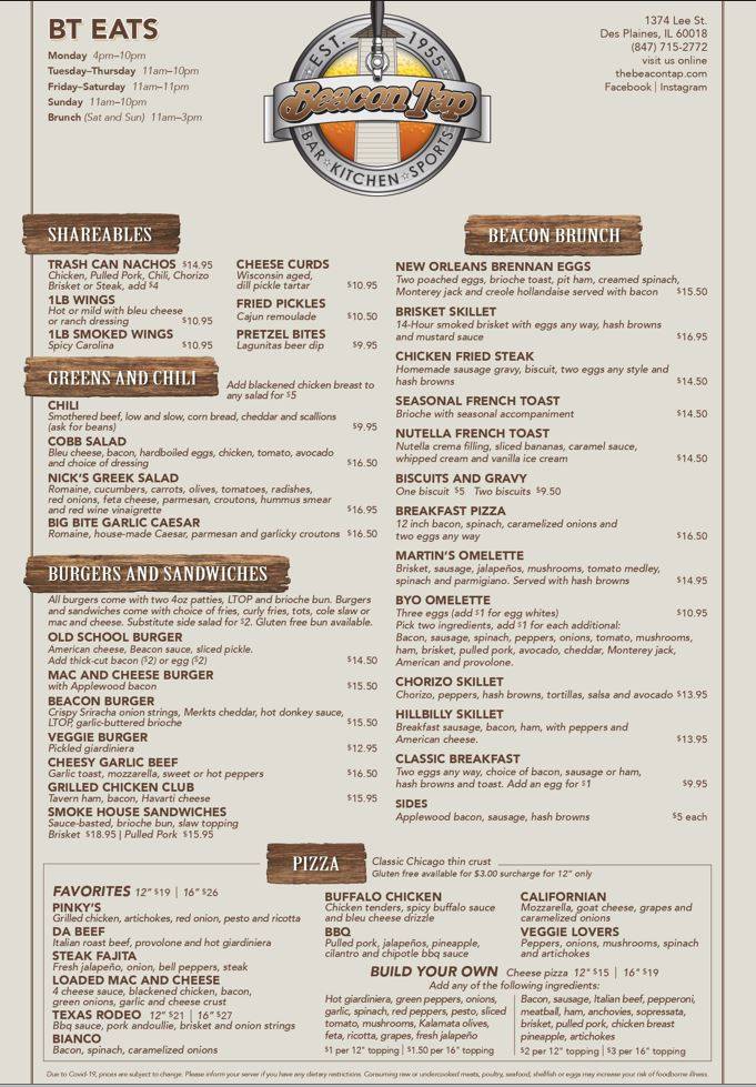 Menu at Beacon Tap pub & bar, Des Plaines, Lee St