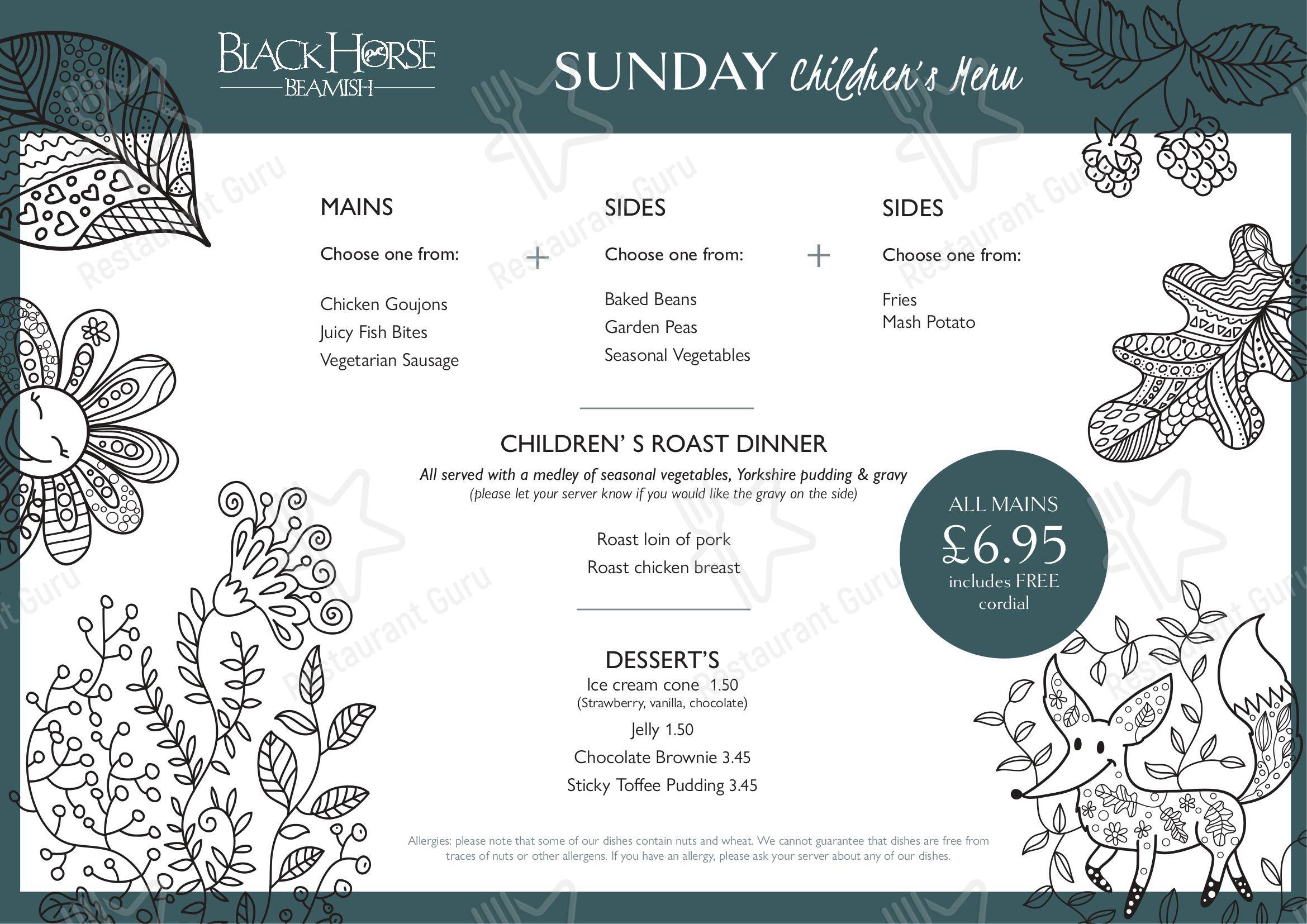 Menu at Black Horse Beamish pub & bar, Stanley, Red Row