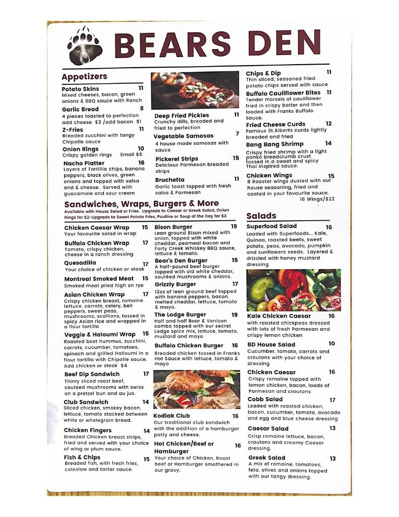 Menu at Bears Den Lounge & Motel restaurant, Deep River