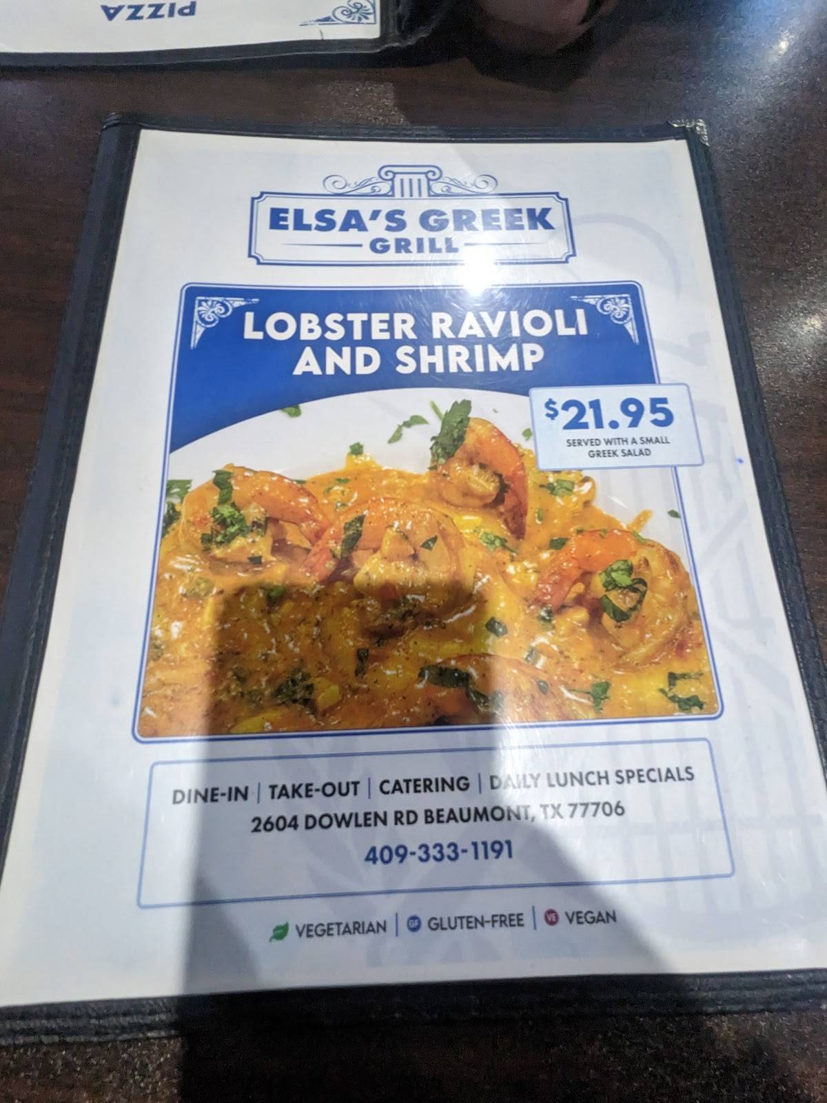 Menu at Elsa's Greek Grill restaurant, Beaumont